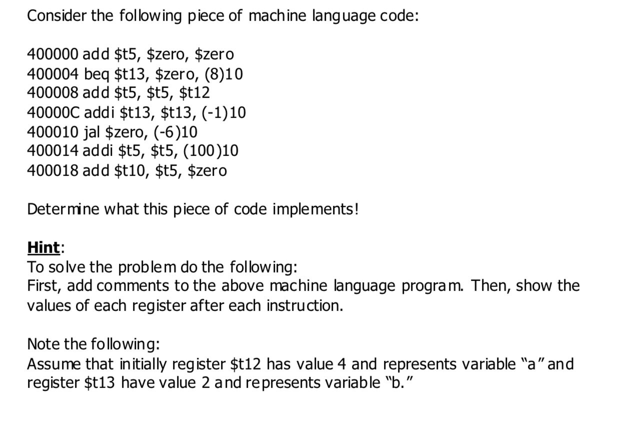 Solved Consider the following piece of machine language | Chegg.com