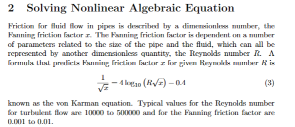 Solved 2 Solving Nonlinear Algebraic Equation Friction for | Chegg.com