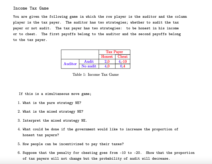 Solved Income Tax Game You are given the following game in | Chegg.com