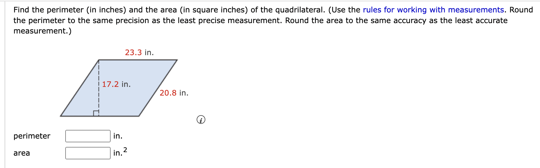 Solved Find the perimeter (in inches) and the area (in | Chegg.com