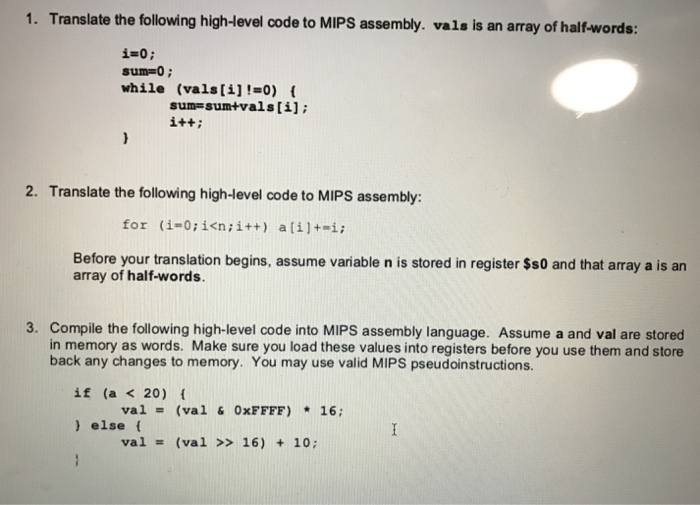 Solved 1. Translate the following high-level code to MIPS | Chegg.com