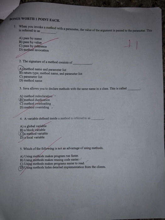 Solved BONUS WORTH 1 POINT EACH. When you invoke a method | Chegg.com