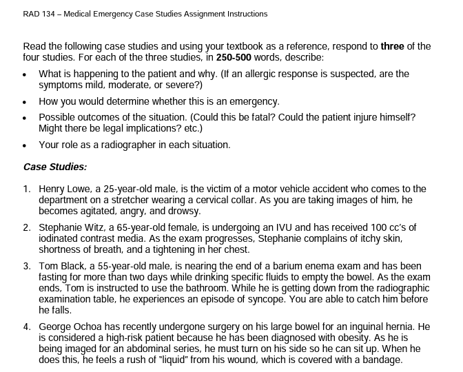 Solved RAD 134 - Medical Emergency Case Studies Assignment | Chegg.com