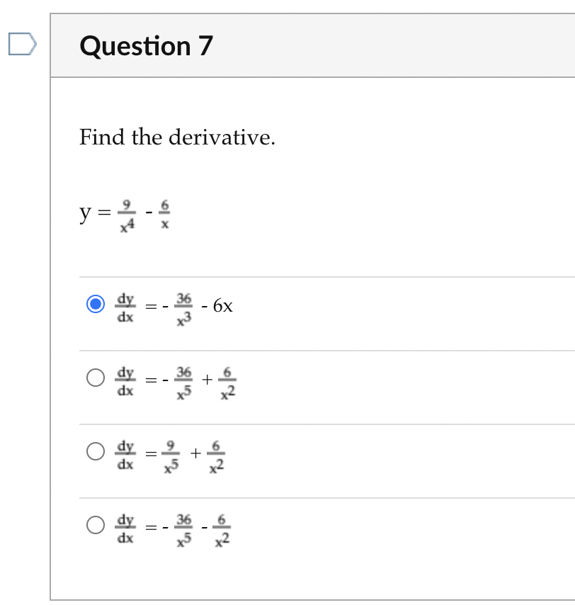 Solved Question 7 Find the derivative. y= II ox 36 dy dx = | Chegg.com