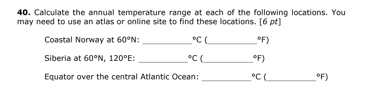 Solved 40. Calculate the annual temperature range at each of | Chegg.com