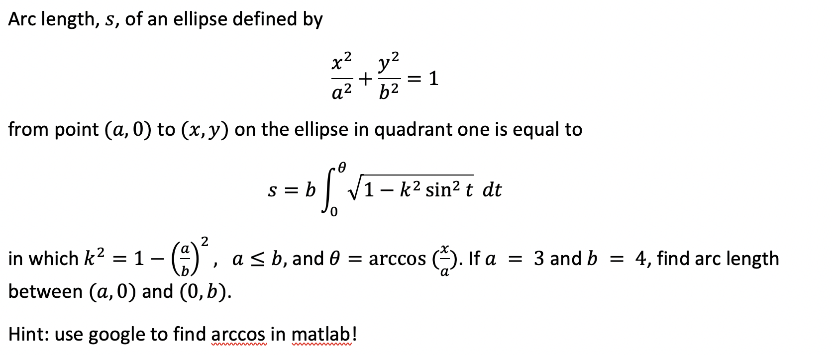 Arc length, s, of an ellipse defined by x² ,² az x 12 | Chegg.com