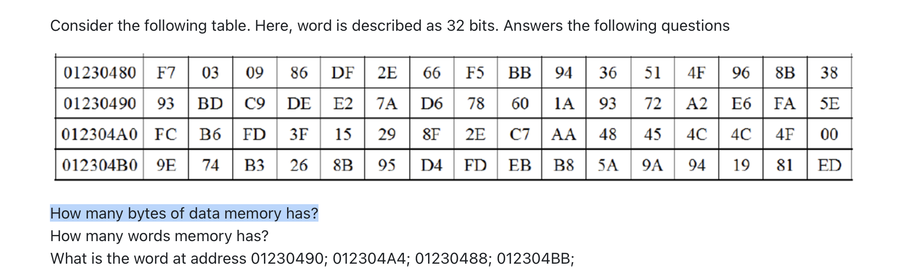 Solved Consider the following table. Here, word is described | Chegg.com