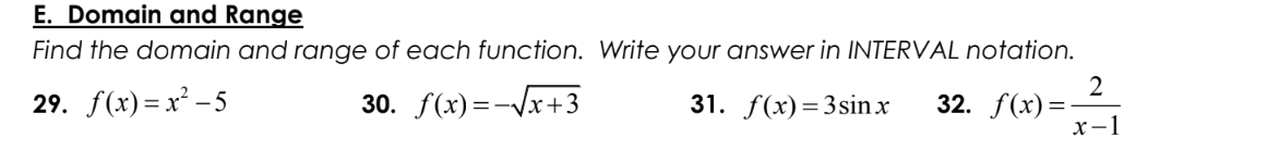 Solved E. Domain and Range Find the domain and range of each | Chegg.com