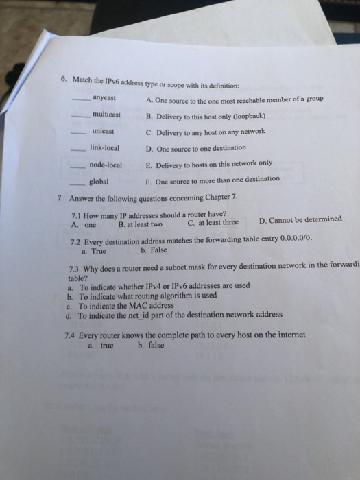Solved 6. Match the IPv6 address type or scope with its | Chegg.com