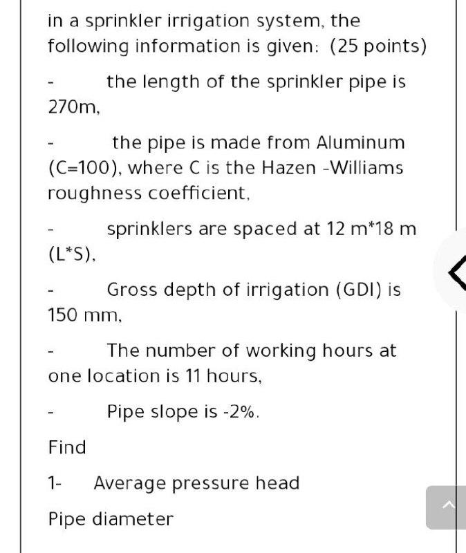 Solved in a sprinkler irrigation system, the following | Chegg.com