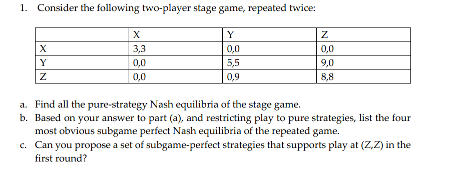Solved 1. Consider the following two-player stage game, | Chegg.com