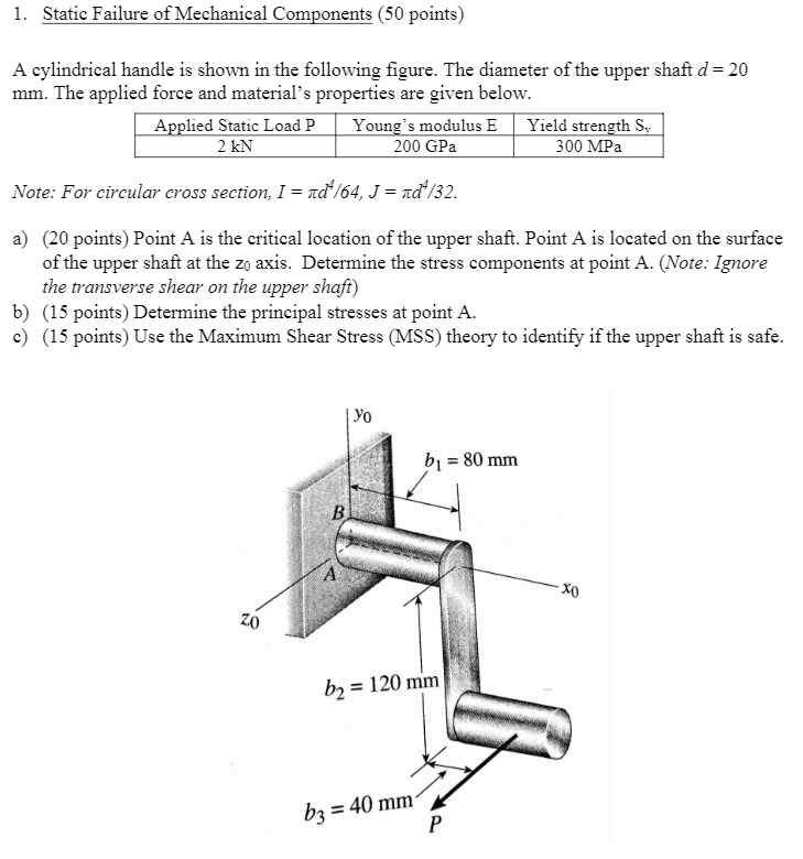 Solved 1. Static Failure of Mechanical Components (50 | Chegg.com