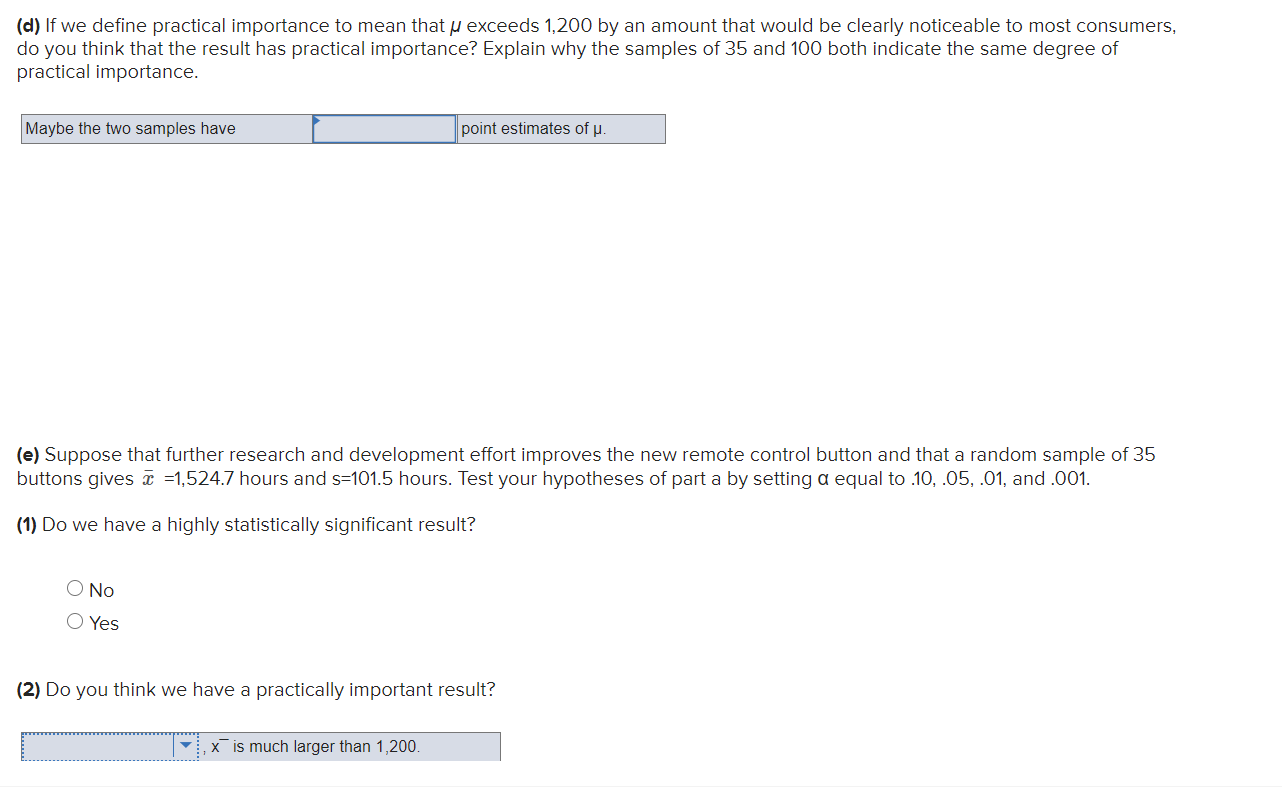 Solved (d) If we define practical importance to mean that u | Chegg.com