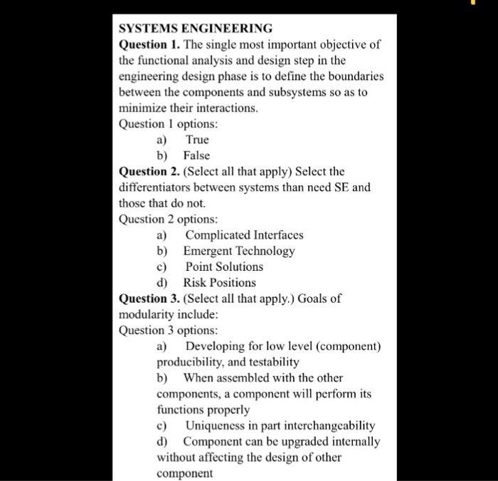 Solved SYSTEMS ENGINEERING Question 1. The single most | Chegg.com