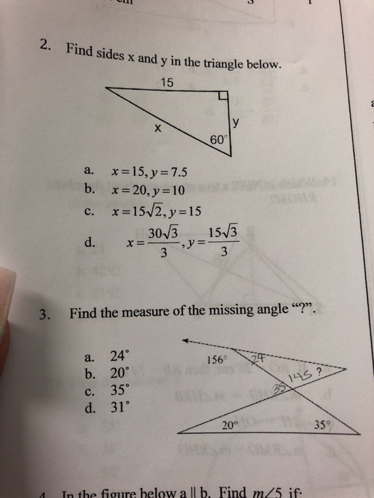 Solved 2. Find sides x and y in the triangle below. 15 60 a. | Chegg.com