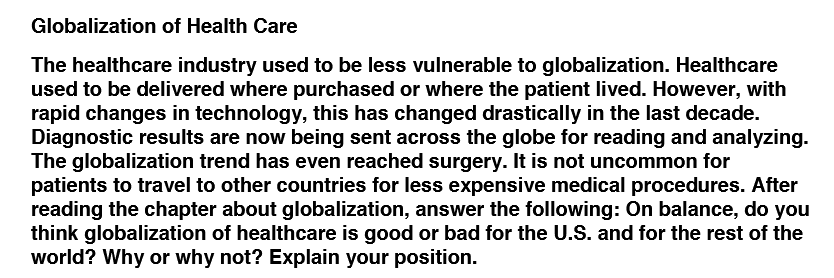 Solved Globalization of Health Care The healthcare industry | Chegg.com