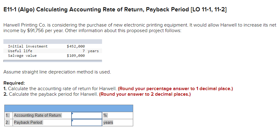 Solved E11-1 (Algo) Calculating Accounting Rate of Return, | Chegg.com