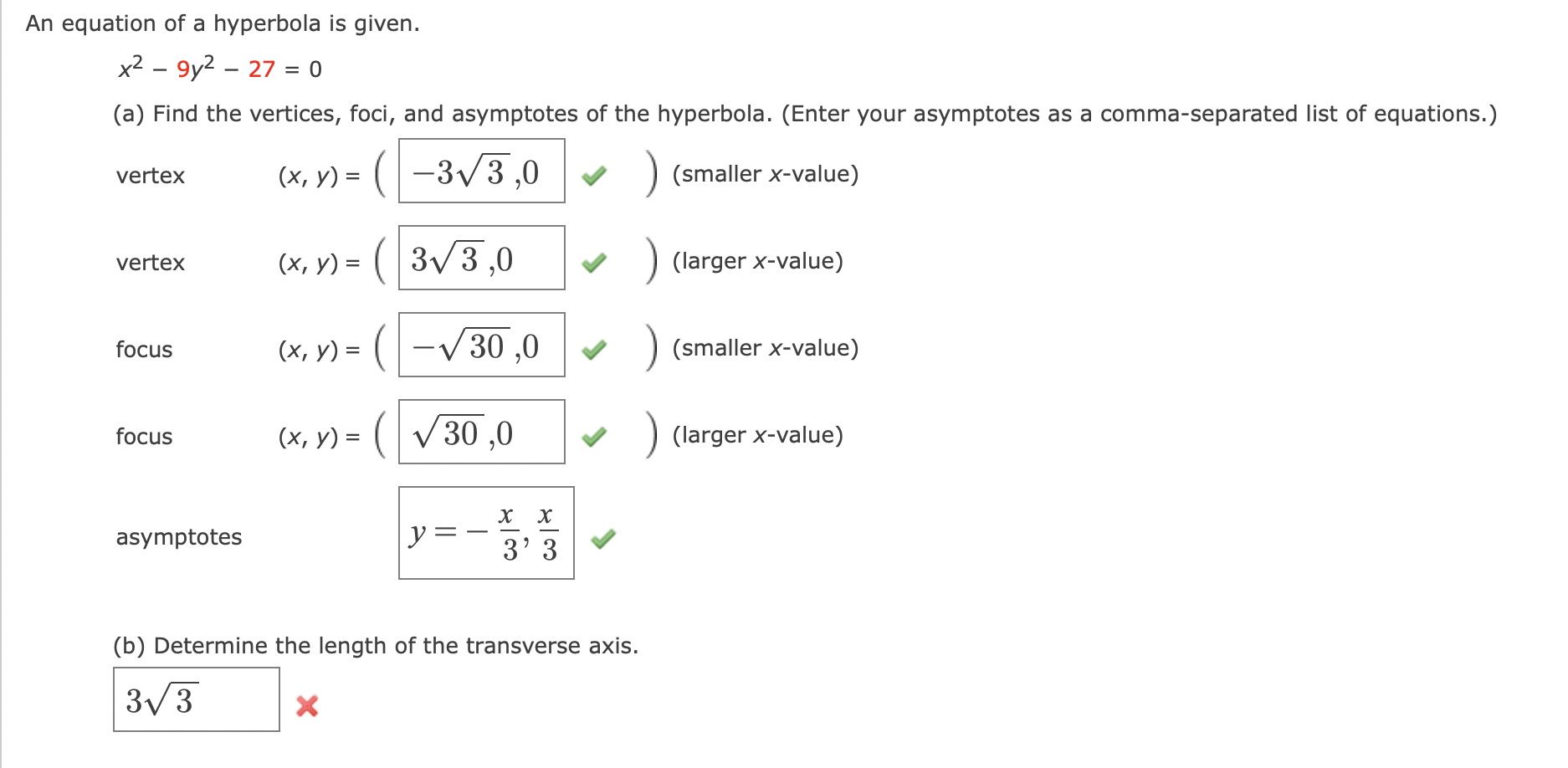 Solved An equation of a hyperbola is given. x2−9y2−27=0 (a) | Chegg.com
