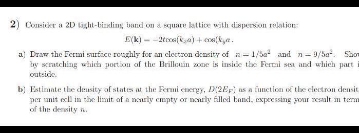 Solved 2) Consider a 2D tight-binding band on a square | Chegg.com