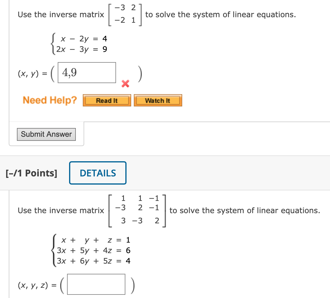 Solved Use the inverse matrix [−3−221] to solve the system | Chegg.com