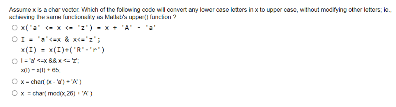 Solved Assume x is a char vector. Which of the following | Chegg.com