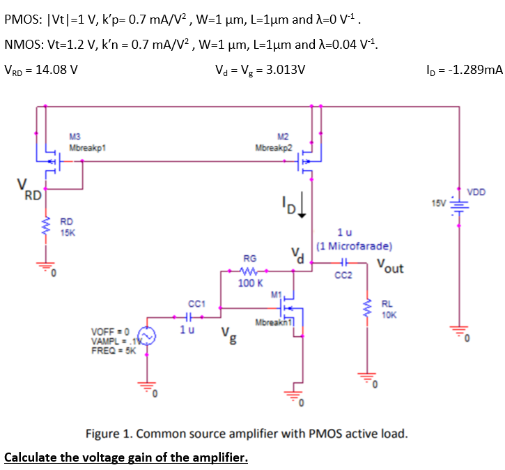 Solved PMOS: |VT|=1 V, k'p= 0.7 mA/V2, W=1 um, L=1um and 1=0 | Chegg.com