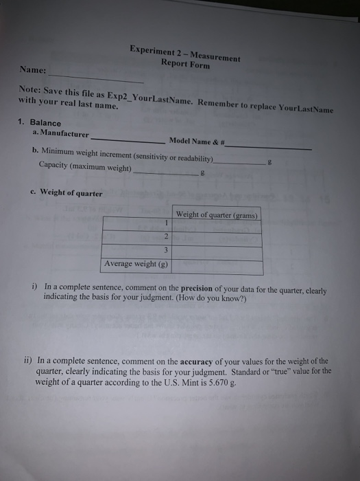Experiment 2 - Measurement Report Form Name: Note: | Chegg.com