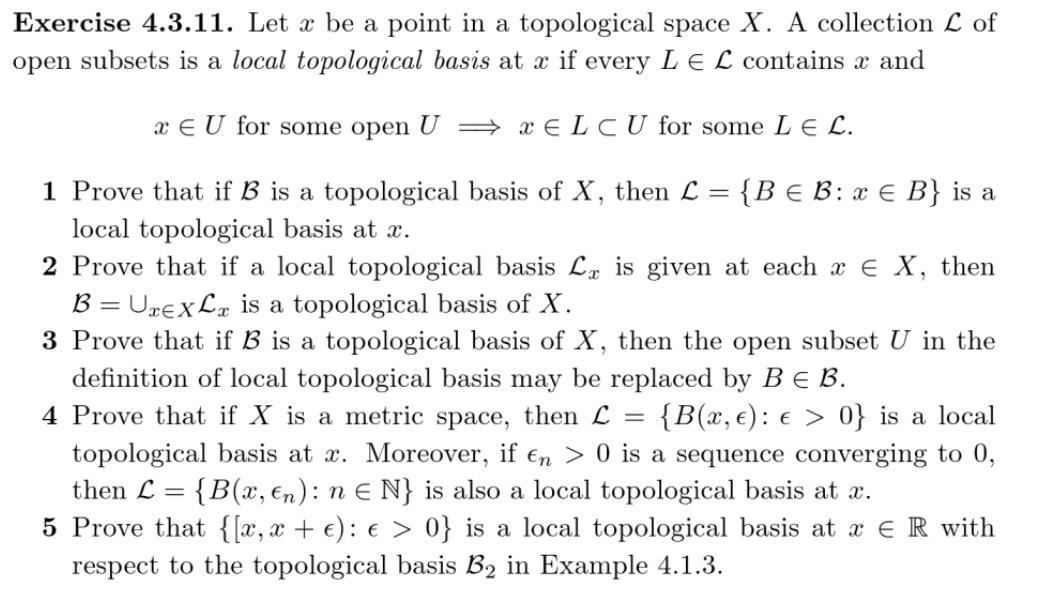 Solved Exercise 4.3.11. Let x be a point in a topological | Chegg.com