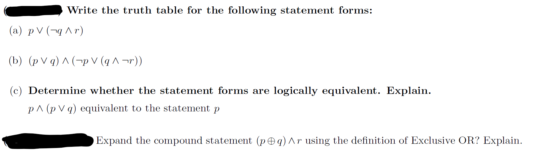 Solved Write the truth table for the following statement | Chegg.com