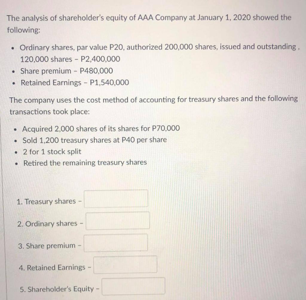 Solved The analysis of shareholder's equity of AAA Company | Chegg.com