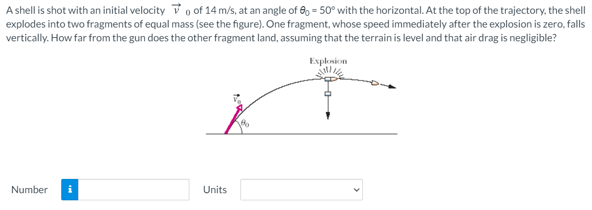 Solved A shell is shot with an initial velocity o of 14 m/s, | Chegg.com