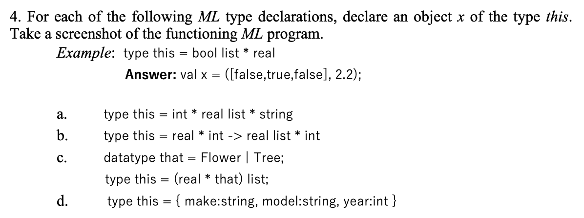 Solved 4. For each of the following ML type declarations, | Chegg.com