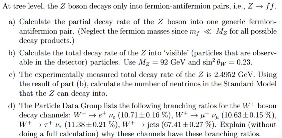 At ﻿tree level, the Z ﻿boson decays only into | Chegg.com