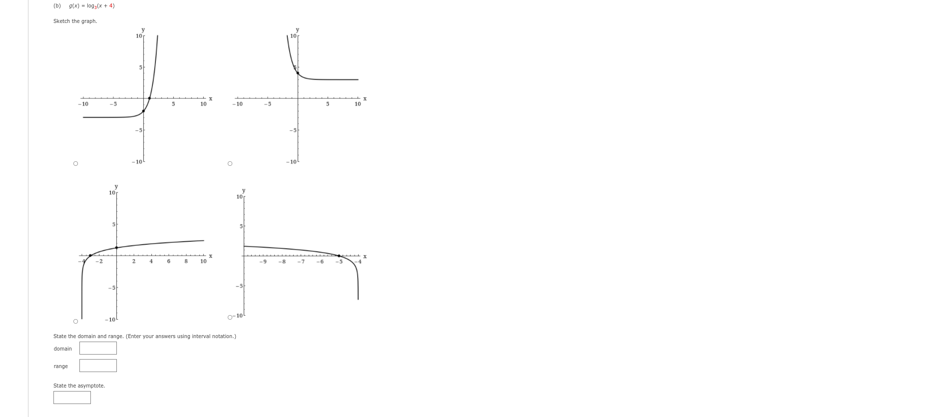 Solved (b) g{x} = log3x + 4) Sketch the graph. 101 - 10 -5 5 | Chegg.com