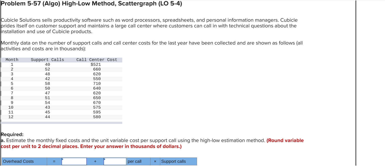 Solved Problem 5-57 (Algo) High-Low Method, Scattergraph (LO | Chegg.com