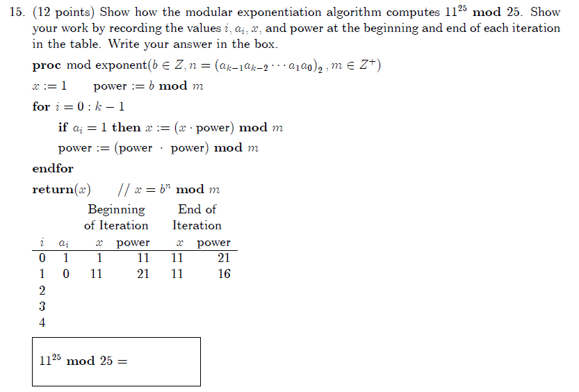 Solved 15. (12 points) Show how the modular exponentiation | Chegg.com