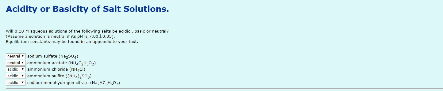 Solved Acidity or Basicity of Salt Solutions. Will 0.10 M | Chegg.com