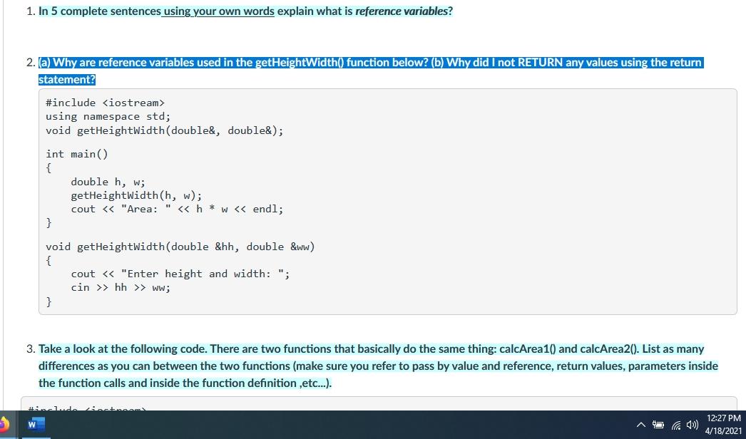 Solved (a) Why are reference variables used in | Chegg.com