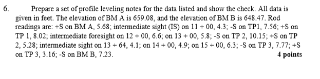 Solved 6. Prepare a set of profile leveling notes for the | Chegg.com