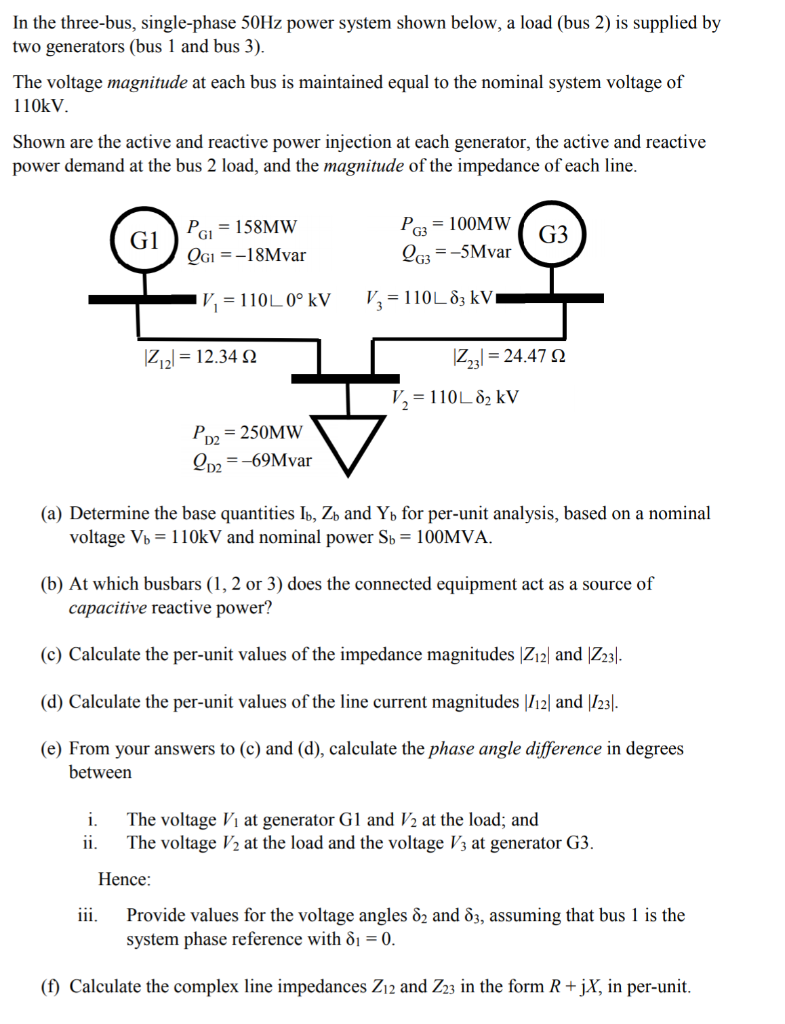 Solved In the three-bus, single-phase 50HZ power system | Chegg.com