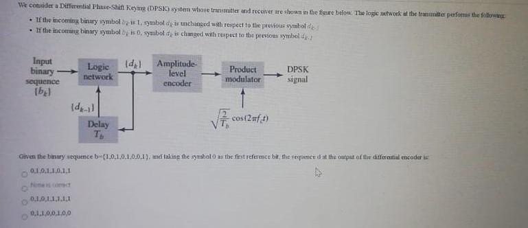 Solved We consider a Differential Phase-Shift keyte (DPSK) | Chegg.com