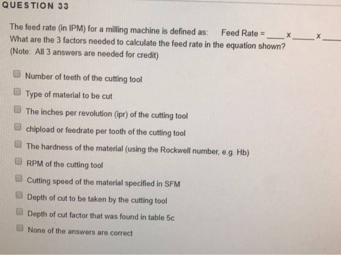 Solved QUESTION 33 The feed rate (in IPM) for a milling | Chegg.com