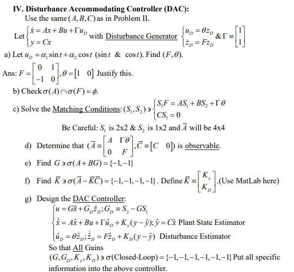 Solved IV. Disturbance Accommodating Controller (DAC): Use | Chegg.com