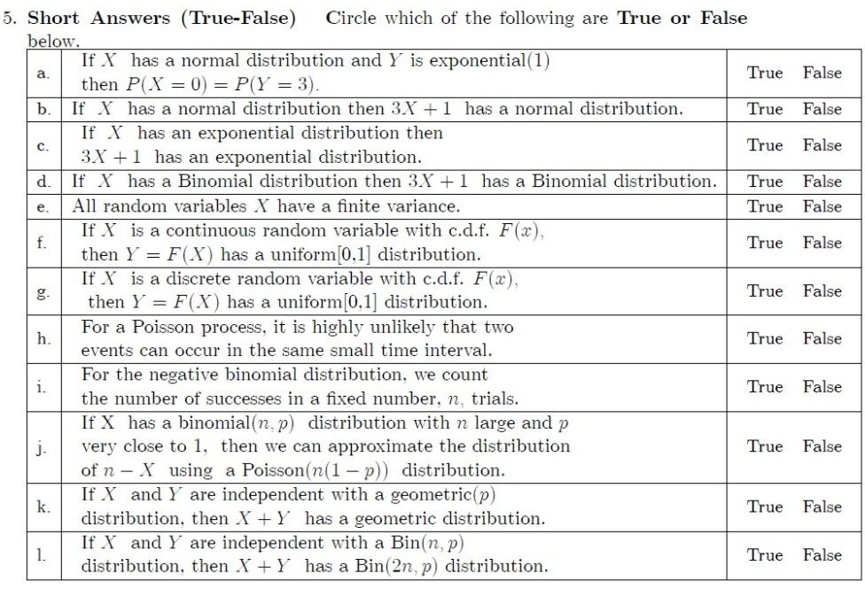 Solved 5. Short Answers (True-False) Circle which of the | Chegg.com