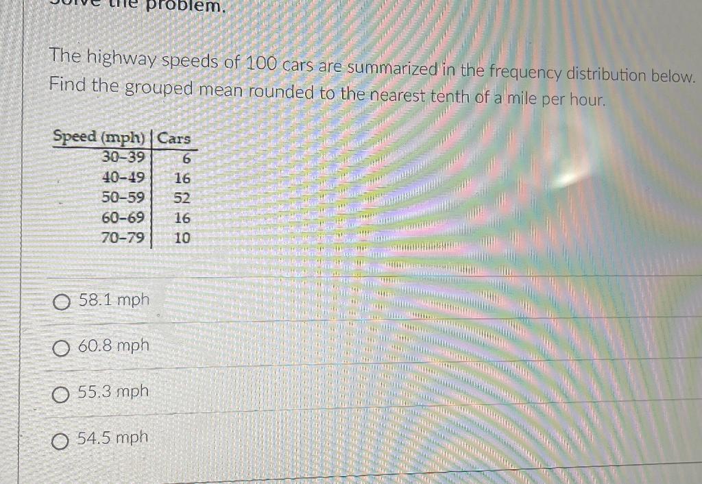 Solved The highway speeds of 100 cars are summarized in the | Chegg.com