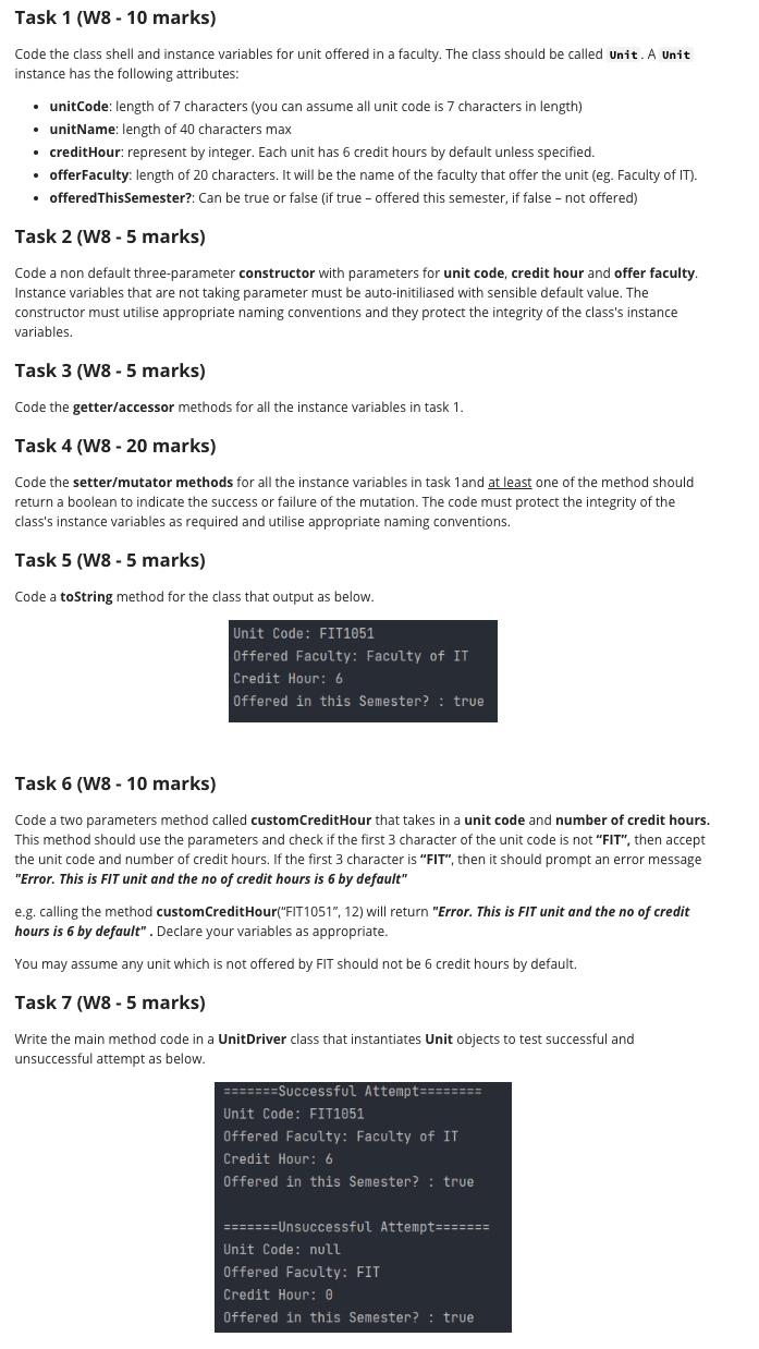 Solved Task 1 (W8 - 10 marks) Code the class shell and | Chegg.com