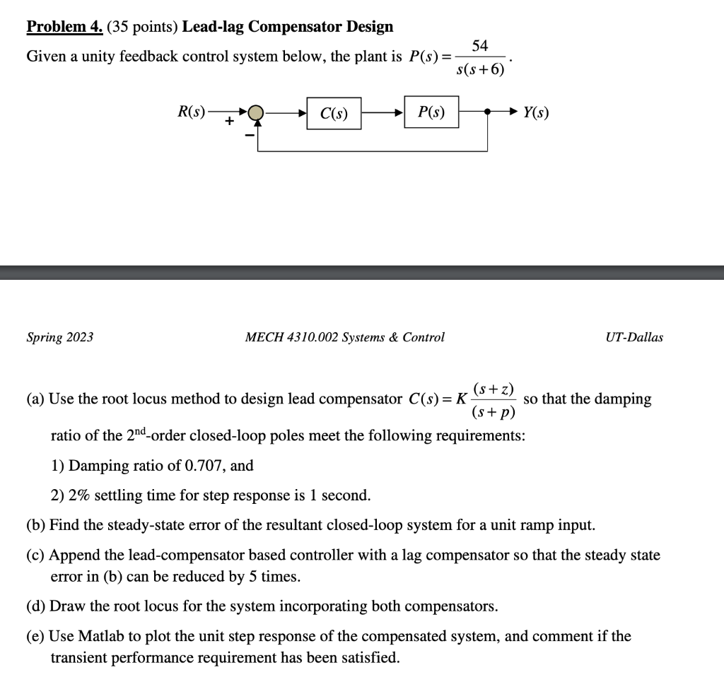 Problem 4. (35 points) Lead-lag Compensator Design | Chegg.com