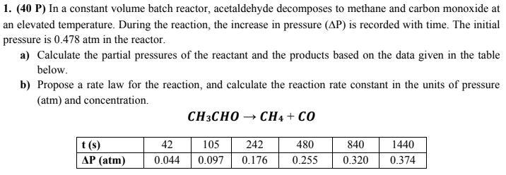 Solved 1. (40 P) In a constant volume batch reactor, | Chegg.com