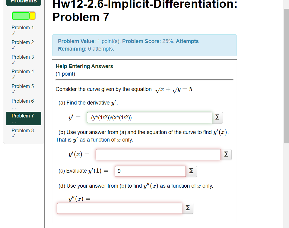 Solved Hw12-2.6-Implicit-Differentiation: Problem 7 Problem | Chegg.com