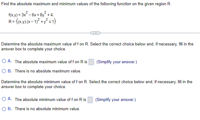 Solved Find the absolute maximum and minimum values of the | Chegg.com